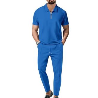 Generic Costume de couleur unie pour homme avec revers gaufr&eacute; et manches courtes et pantalon long avec fermeture &eacute;clair, bleu, XXL