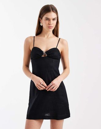Cotton On Leinen-Minikleid in Schwarz mit geraffter Brustpartie