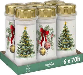 Bolsius Bolsius - Grablicht nr 6 + Deckel - Mit Weihnachtsmotiv - 4 St&uuml;ck - Brenndauer 70 Stunden - Enth&auml;lt Nat&uuml;rliches Pflanzenwachs - Ohne Palm&ouml;l