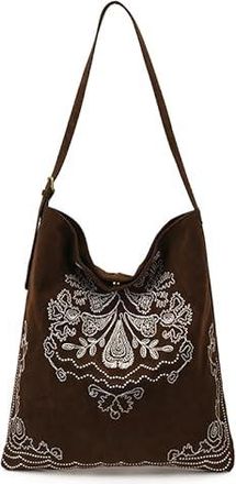 Generic Sac à bandoulière vintage en cuir synthétique brodé pour femme, pour le travail, le shopping, les voyages, le quotidien, café, 410.00 x 380.00 x 10.00