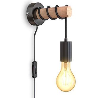 B.K.Licht Wandleuchte Innen mit Kabelschalter, Holzapplikation, E27 Fassung, 10 Watt, Wandlampe innen, Wandstrahler, Wandlicht, Wandbeleuchtung, Schlafzimmer, F
