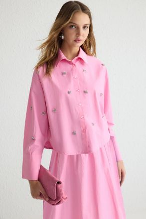 Trendyol Modest Damen Rosa Einfarbig Lang Oversize Modest Hemden