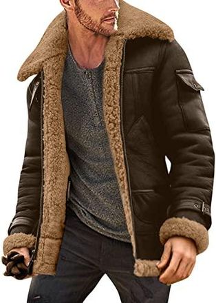 Generic Pilot S Vestes en cuir pour homme Royaume-Uni - Col &agrave; revers &agrave; manches longues - Manteau aviateur rembourr&eacute; en fausse peau de mouton - Manteau &eacute;pais v