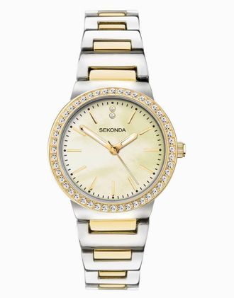Sekonda Amelia - Montre analogique pour femme avec cadran doré et boîtier rond 28 mm et bracelet bicolores en alliage