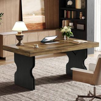 Tribesigns Tribesigns 160 cm Computertisch, Schreibtisch im Landhausstil mit Sanduhrbeinen, Business-Arbeitsplatz mit Platz f&uuml;r Laptop, Braun und Schwarz