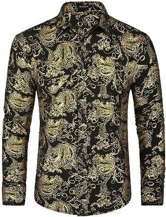 Hisdern Chemises en Satin pour Hommes à Manches Longues imprimé de Plumes dor Chemise Brillante Mode décontractée Chemises à Fleurs de Luxe Or Noir XL