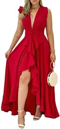 Onsoyours Robe De Plage DÉté pour Femme Robe À Motif Floral avec Epaules Dénudées Et Fente Avant Robe Élegante Boho Longue pour Party Soirée Cérémonie A Rouge X