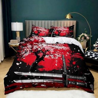 Generic Housse de Couette Cerisier Japonais 240 x 220 cm, Parure de Lit Katana 2 Personnes - House de Couette Microfibre avec Fermeture Eclair et 2 Taies dore