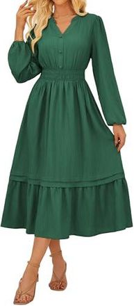 Grace Karin Robe trapèze décontractée à manches longues pour femme, col en V, robe plissée avec poches, doublure, Vert, S