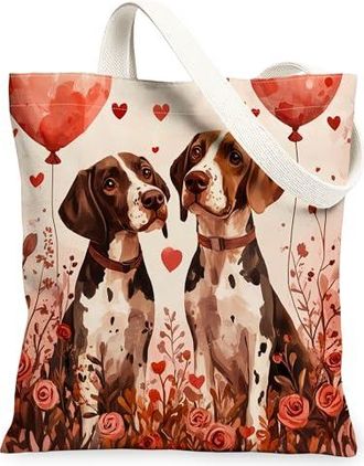 Generic Sac fourre-tout r&eacute;utilisable en toile pour la Saint-Valentin Motif chien pointeur allemand 33 x 38 cm, sac d&eacute;picerie amusant pour couple chiot sac d&eacute;p