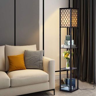 Costway 160x26x26cm Stehleuchte Regal, Standleuchte Holz, E27 Stehlampe, Moderne Innenbeleuchtung mit 3-Ebenen, Bodenlampe fuer Schlafzimmer - Costway