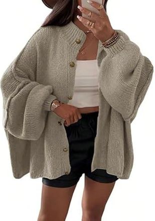 Generic Cardigan &agrave; manches longues pour femme - Manteau en tricot ample ouvert sur le devant - Veste tricot&eacute;e &agrave; boutons - Cardigan &eacute;pais pour femme, gris, M