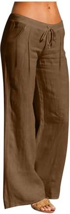 Generic Pantalon Palazzo en lin &agrave; jambe large pour femme avec poches et cordon de serrage, taille haute &eacute;lastique, coupe d&eacute;contract&eacute;e, pantalon de plage, marr