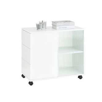 SoBuy Armoire de Rangement Mobile avec roulettes, Table de Chevet/Table dAppoint 3 Tiroirs & 2 Portes Coulissantes Verre, Meuble Blanc pour Salon et Chambre