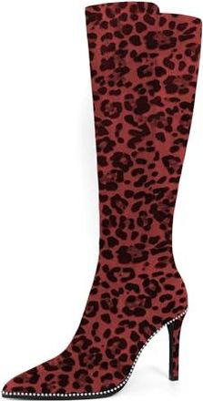elashe Bottes pour Femme Leopard Rouge Bottes Femme Hautes en Daim &eacute;l&eacute;gantes 9.5 cm Talon Aiguille Fermeture &Eacute;clair Lat&eacute;rale avec D&eacute;coration Beads Mod&egrave;le &agrave; P