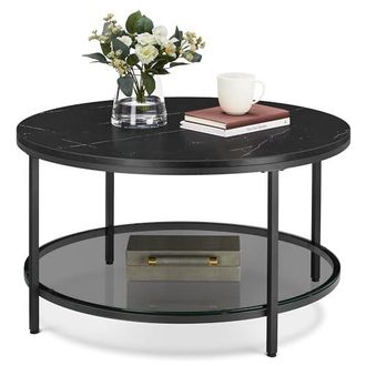 Vasagle Table Basse, Table de Salon, Façon Marbre, Support en Verre Trempé, Facile à Assembler, Style Moderne, Noir Marbré et Noir dencre LCT071B58