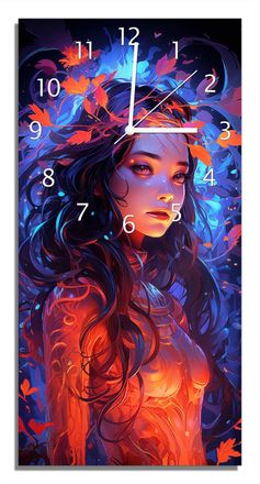 Wallario Design-Wanduhr, Acrylglasuhr Größe 30 x 60 cm, weiße Zeiger, Motiv Magische Herbstgöttin