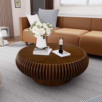 Generic Runder Couchtisch f&uuml;rs Wohnzimmer, moderner rustikaler Trommeltisch im minimalistischen Stil mit geriffeltem Gestell und stabilem Fu&szlig;, Beistelltisch f