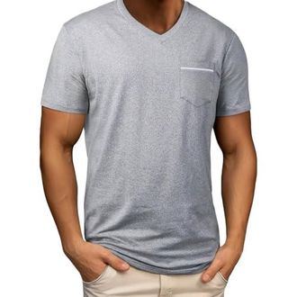 Generic T-shirt &agrave; col en V pour homme - L&eacute;ger et extensible - Couleur unie - Respirant - Manches courtes - Avec poche dentra&icirc;nement, Gris (01), XXL