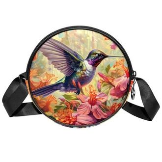 Generic Petit sac &agrave; bandouli&egrave;re rond pour femme, motif colibri floral avec fermeture &eacute;clair, bretelles r&eacute;glables, sac &agrave; main rond d&eacute;contract&eacute; pour femmes et f