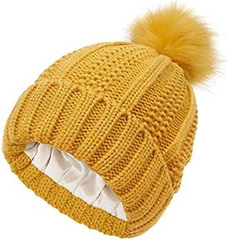 Generic Casquette de baseball en tricot pour femme avec bonnet dhiver tricot&eacute; pour femme - Bonnet chaud &agrave; pompons r&eacute;tro, jaune, Taille unique