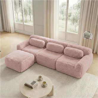 Generic Modernes 2-Sitzer-Sofa, modulares Sofa, rutschfeste Basis, mit 2 Kissen, extra breite ergonomische Armlehnen,for Lesen und Arbeiten(Rosa+Peluche+3 Pla