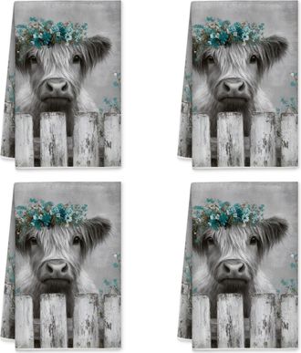 Generic Kuh-Küchentücher, rustikales Bauernhaus-Blumenmotiv, Zaun, grau, schnell trocknend, Geschirrtücher, Landhausküchendekoration, 40,6 x 61 cm (4 Stück)