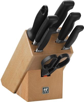 Zwilling Vier Sterne Messerblock, 8-teilig, Holzblock, Messerset, Wetzstab und Schere, Rostfreier Spezialstahl, Ergonomischer Kunststoff-Griff, Schwarz [Made i