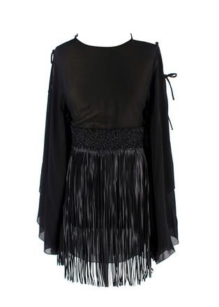 Dior Christian Dior Black Leather Fringe Tunic Mini Dress Size XXS