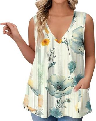 Generic Debardeur Femme Chic et &eacute;l&eacute;gant Chemisier sans Manche Imprim&eacute; D&eacute;bardeur Col V Top Ete Haut Chic et Elegant Fluide Ample Caraco Vetement Femme Ete Tee 