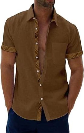 Onsoyours Chemise Homme Manches Courtes Business Regular Fit Carreaux Imprimé Plage DéContracté Poche-Avant Tops Blouse Z1 Marron XL