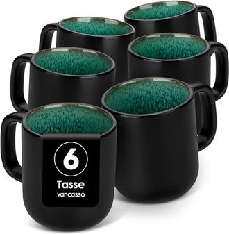 VANCASSO PLAYA Tasses &agrave; Caf&eacute; Espresso et Mugs en Gres &agrave; anses - 6 x 360 ml Mug pour Th&eacute;, Caf&eacute;, Cappuccino - R&eacute;sistants au Lave-vaisselle et au Micro-ondes - Gl