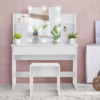 ECD Germany Ecd Germany - Coiffeuse Moderne Blanc 108x40x140 cm avec Tabouret et Éclairage led, Grand Miroir, 1 Tiroir, 4 Compartiments de Rangement, mdf, Table