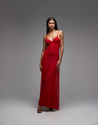 Asos Netzstoff-Maxikleid in Rot mit Ziernaht