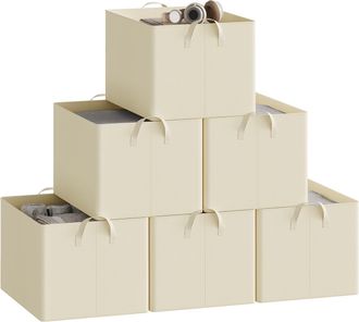 Woltu Faltbare Aufbewahrungsboxen 6 Stück, Stoff-Aufbewahrungswürfel mit Griffen, Organizer Boxen für Regale, Stapelboxen zur Aufbewahrung, Creme, 47x35x30c
