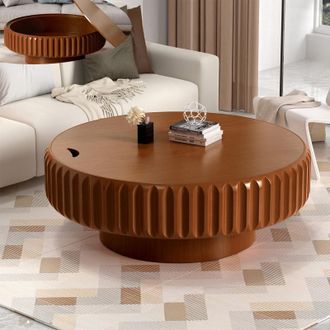 Generic Runder, geriffelter Couchtisch mit Stauraum f&uuml;r das Wohnzimmer, moderner, handgefertigter, luxuri&ouml;ser runder Trommeltisch mit Massivholzfurnier und st