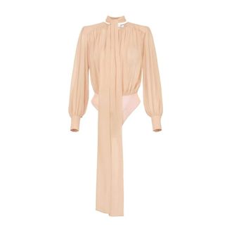 Elisabetta Franchi Femme, Tops, Beige, Taille: 38 FR Bodysuit en georgette de soie avec ceinture