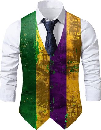 Generic Herren Weste Karneval Kost&uuml;m Bunt Bedruckt Masken Muster Anzugweste V-Ausschnitt Fasching Party Outfit Venedig Themenparty Herrenweste f&uuml;r B&uuml;hne Umzug