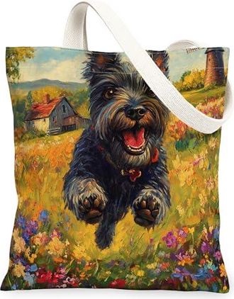Generic Sac fourre-tout en toile motif chien terrier &eacute;cossais printanier 33 x 38,1 cm, sac d&eacute;picerie r&eacute;utilisable pour femme, motif floral amusant pour animau
