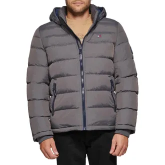 Tommy Hilfiger Herren Hooded Puffer Jacket Daunenalternativer Mantel, Dunkelgrau, XL