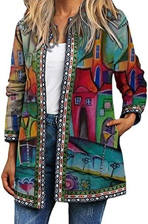 ORANDESIGNE Vestes Vintage Femme Style Ethnique Imprimé Floral Manteau Chic Boho Impression de Fleurs Cardigan avec Poche Q Rouge 3XL