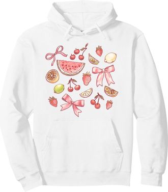 Trendy Apparel Assorted Jumble of Fruits and Cute Pink Bows Pullover Hoodie