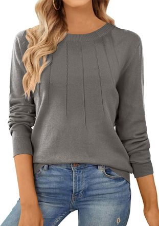 Dokotoo Pullover Damen Basic Strickpullover Langarm Rundhals Shirt Elegant Weich Oberteil Herbst Winter Einfarbiger Pulli, grau, S