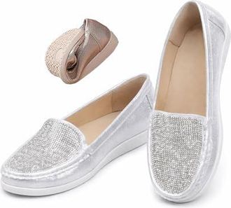 Generic Mocassins confortables et souples pour femme, avec strass, orthop&eacute;diques scintillants, chaussures larges et habill&eacute;es &agrave; talon bas, Argent&eacute;., 39.5 EU
