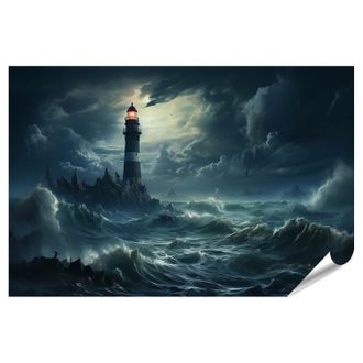 Islandburner Prime Poster Sturmflut Leuchtturm Dunkle See Wellen und Lichtstrahl - Poster 90x60cm