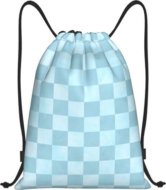 Generic Himmelblaues Karomuster Zuziehbeutel Daypack Leicht Unisex Sportbeutel for Strand Reise Schwimmen 36X42Cm