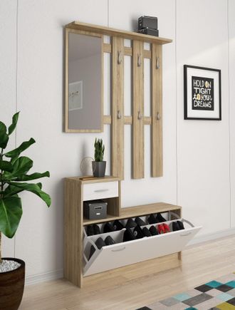 Dmora Eingangsmöbel Sargassi, Moderner Eingang, Wandgarderobe, Multifunktions-Aufbewahrungskonsole, 100x26h190 cm, Weiß und Eiche