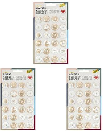 Folia 1219 - Adventskalender Buttons, Perlmutt, 24 Stück, aus Metall, zum Gestalten individueller Adventskalender, weiß/gold (Packung mit 3)