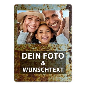 Tassendruck Blech-Schild mit Foto und Text selbst gestalten/Personalisierbar mit eigenem Bild als Metall-Poster / A3 (30x40cm) im Hochformat/Rost 1
