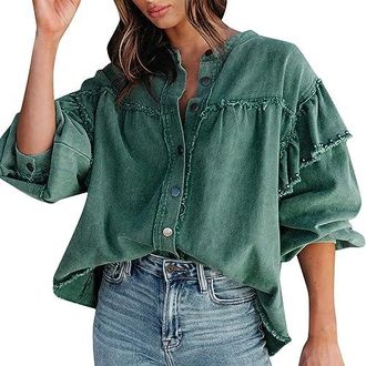 Generic Vestes pour femmes 2026 Veste en jean &agrave; manches longues style urbain avec bords d&eacute;lav&eacute;s et manches &agrave; volants Coupe ample, vert menthe, XL